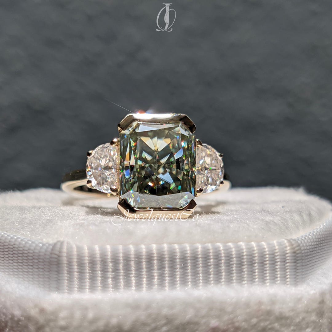 Half Bezel Setting Light Green Radiant Cut Moissanite Three Stone Ring ...