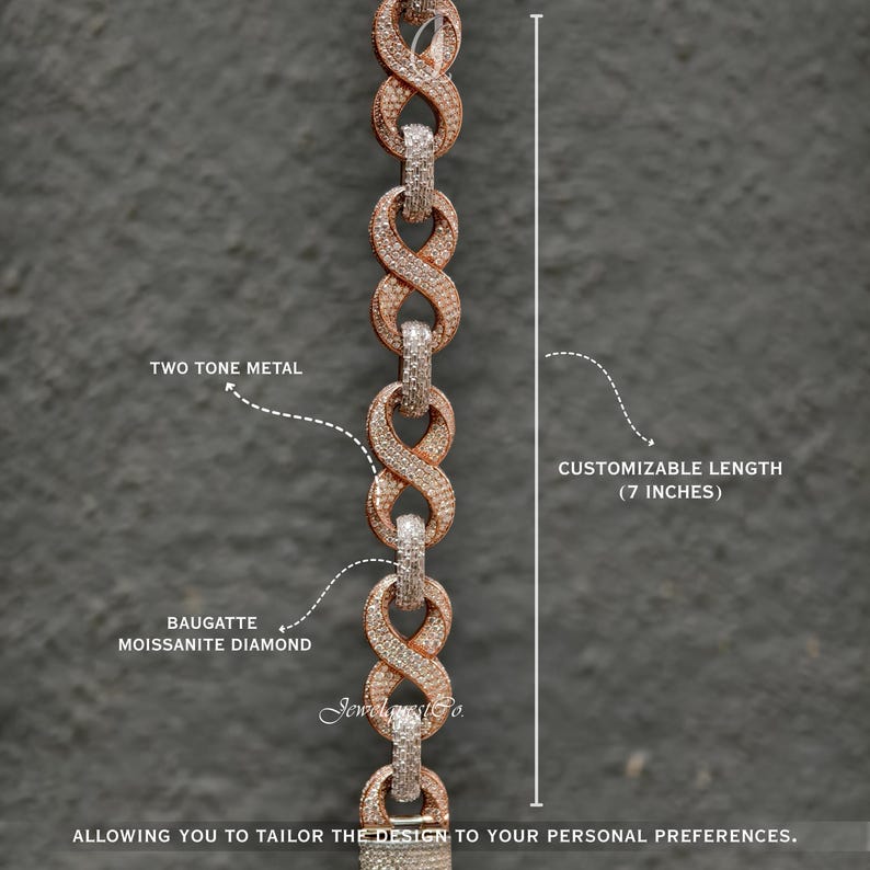 Two Tone Round & Baguette Cut Moissanite Infinity Link Chain Bracelet ...