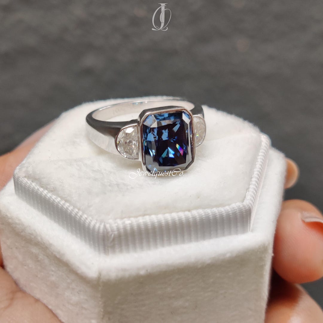 Navy Blue Radiant Cut Moissanite Ring With Half Moon Side Stones ...