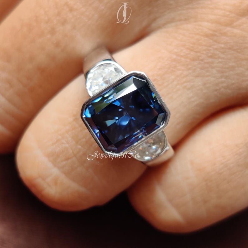 Navy Blue Radiant Cut Moissanite Ring With Half Moon Side Stones ...