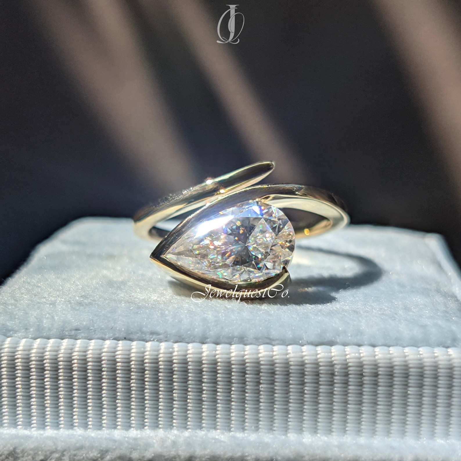 Solitaire Half Bezel Set Pear Moissanite Engagement Ring East West ...