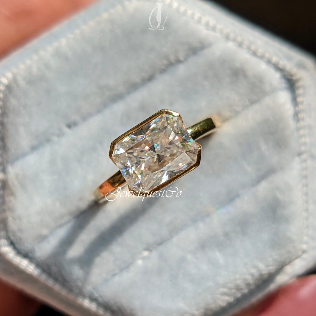 Half Bezel Set Radiant Cut Moissanite Engagement Ring East West Radiant ...