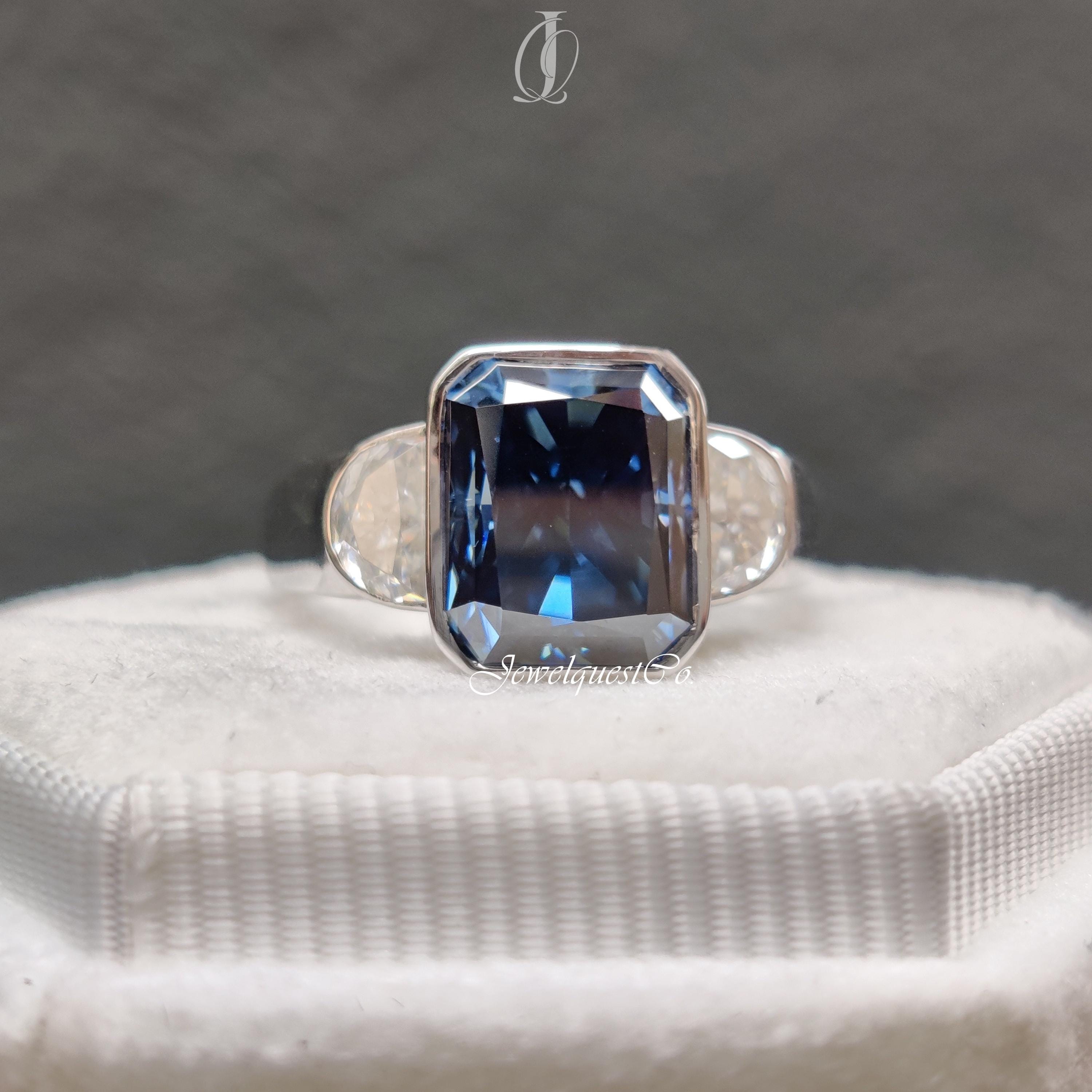 Navy Blue Radiant Cut Moissanite Ring With Half Moon Side Stones ...
