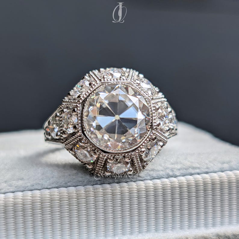 Round Old European Cut Moissanite Engagement Ring, Milgrain Cluster Art ...