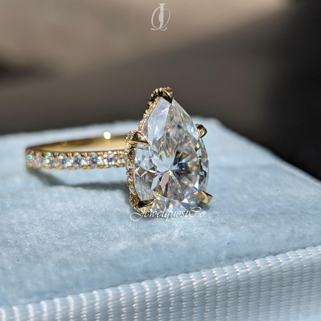 3.0 CT Euro Shank Teardrop Promise Ring Pear Cut Moissanite Hidden Halo ...