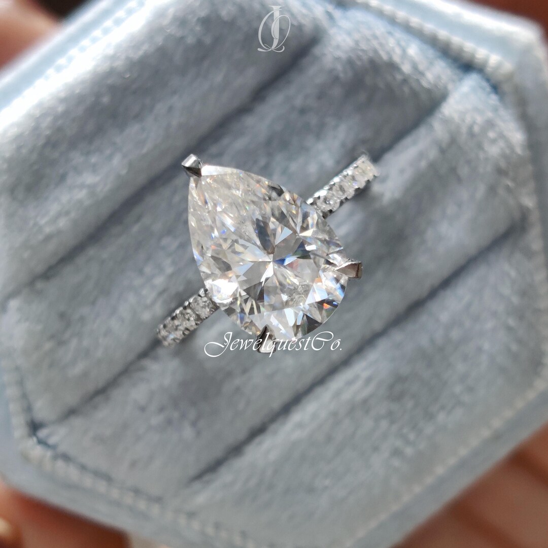 Pear Cut Moissanite Pave Setting Promise Ring Classic Hidden Halo Prong ...