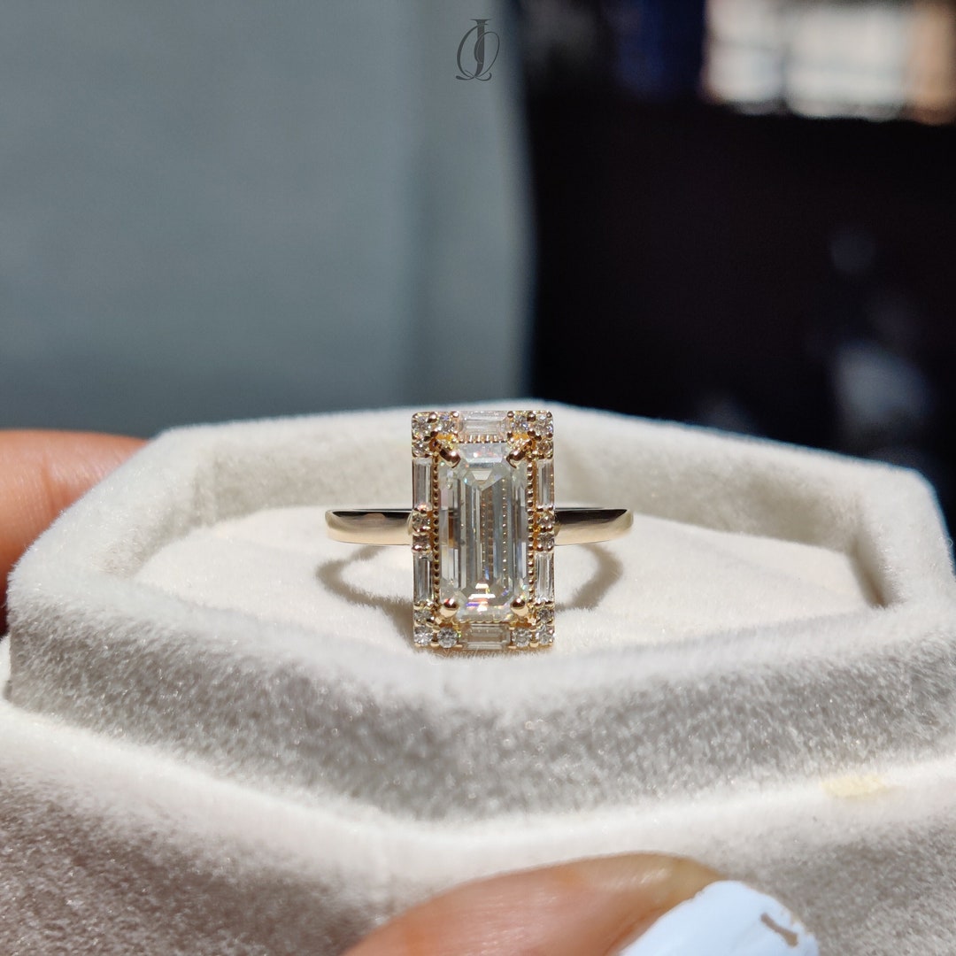 Emerald Moissanite Decorative Engagement Ring, With Round & Baguettes ...
