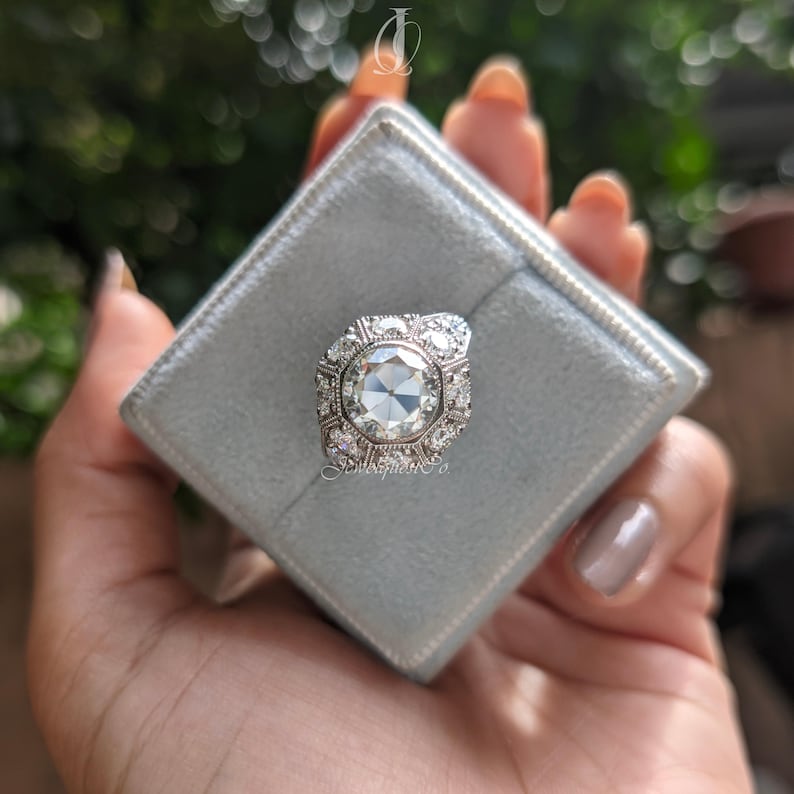 Round Old European Cut Moissanite Engagement Ring, Milgrain Cluster Art ...