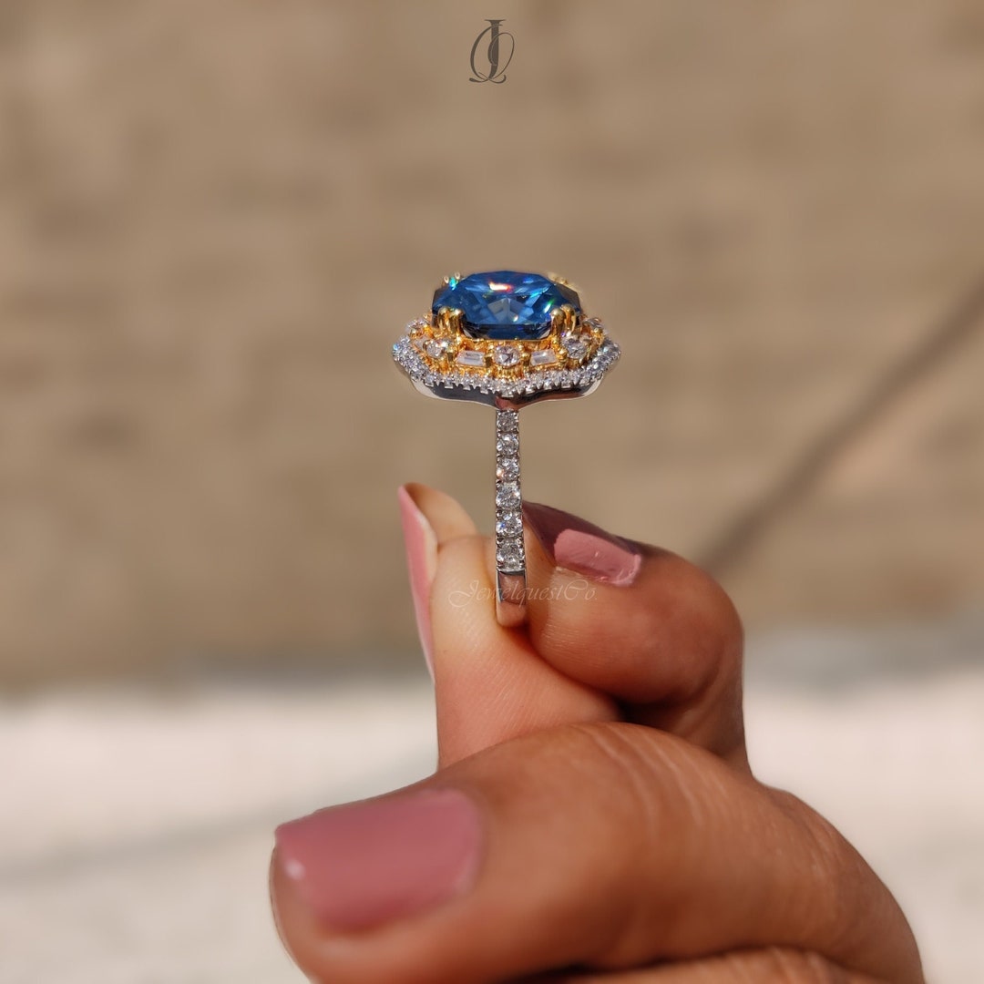 3.00 Ct Blue Fancy Hexagon Shape Halo Moissanite Engagement Ring, 14K ...
