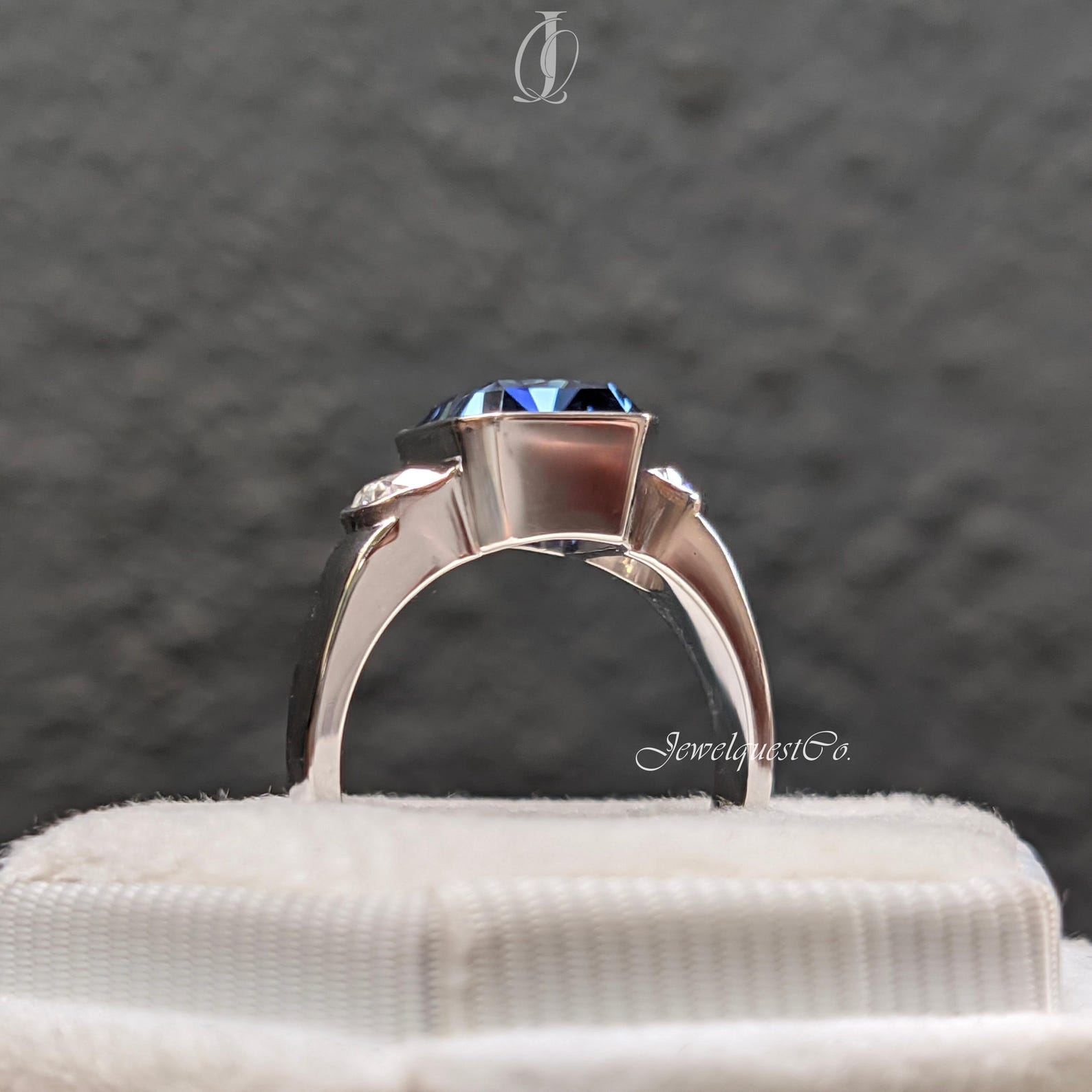 Navy Blue Radiant Cut Moissanite Ring With Half Moon Side Stones ...