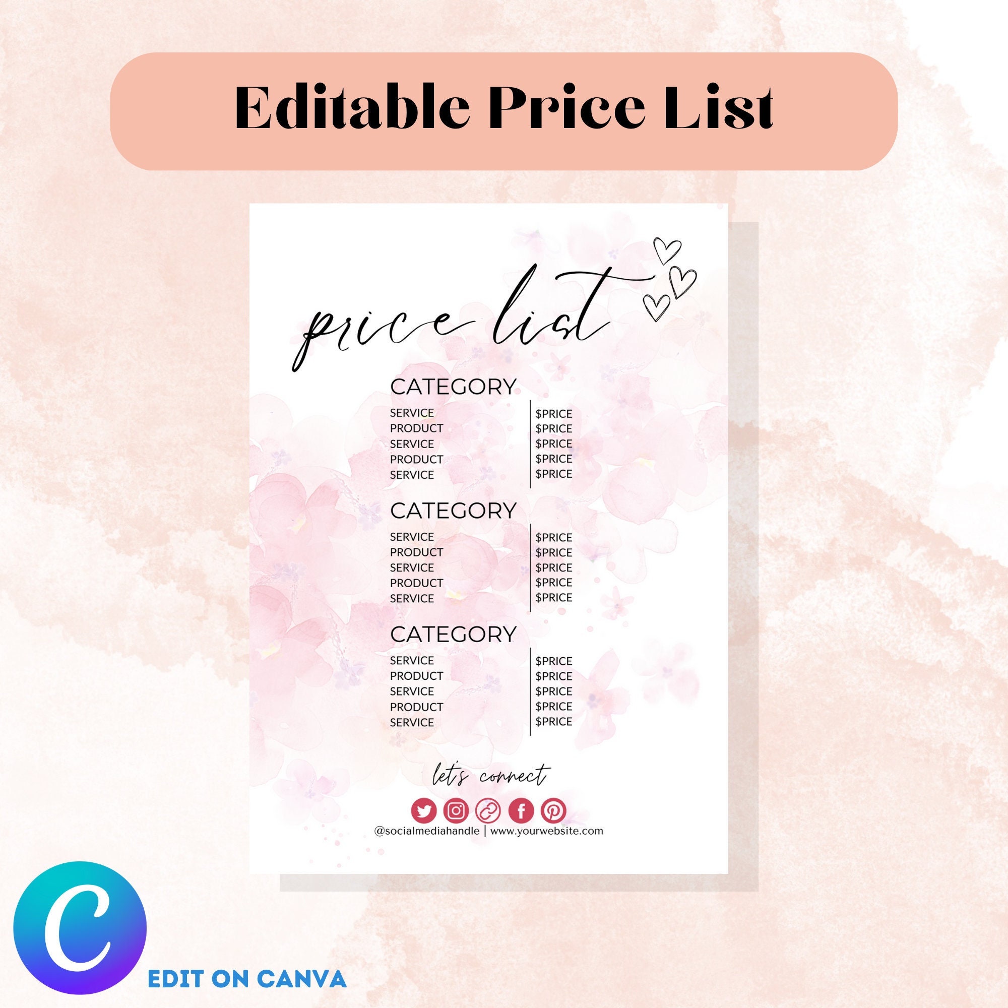 Business Price List Editable Canva Template, Pink Floral Watercolor, Printable Pricing Sheet ...