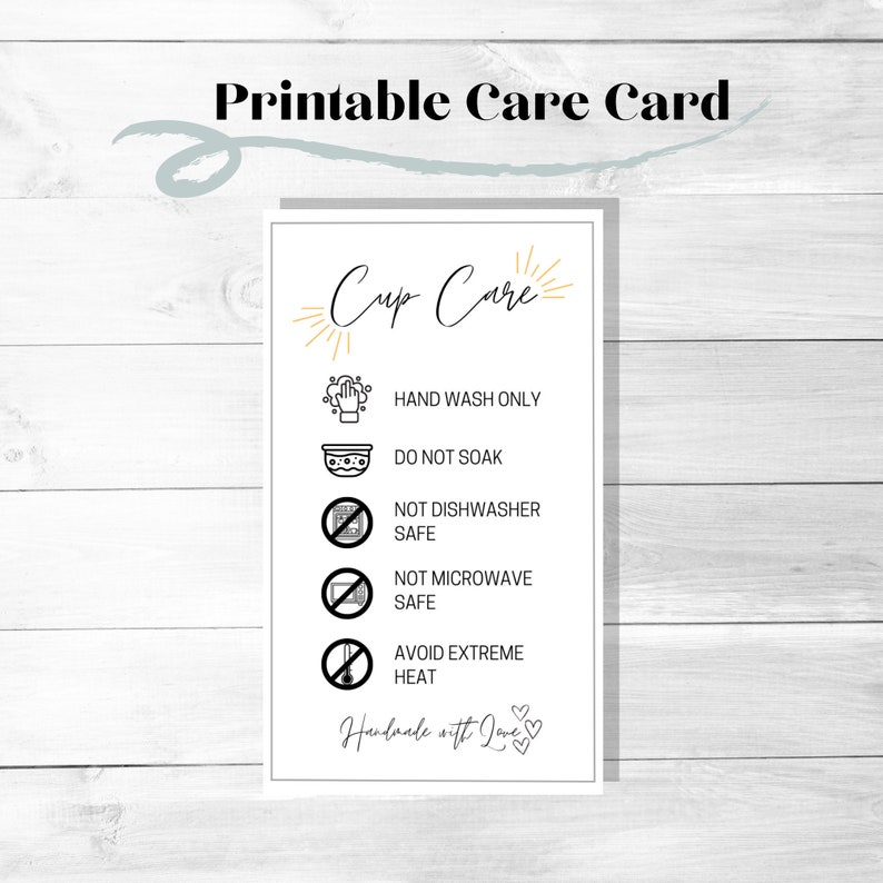 Cup Care Instructions Card, Yellow Sunshine Lines, Washing Instructions ...