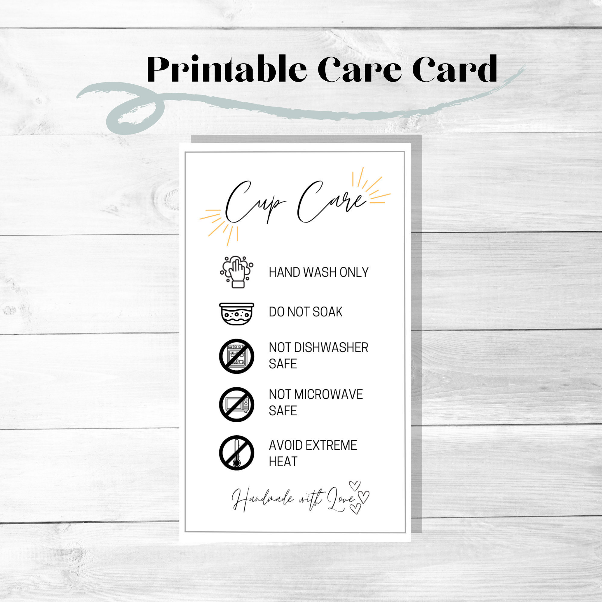 Cup Care Instructions Card, Yellow Sunshine Lines, Washing Instructions ...