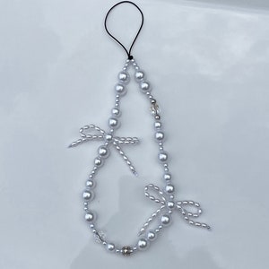 White Bow Tie Phone Charm Strap, Phone Lanyard, Phone Accessory, Pearl ...