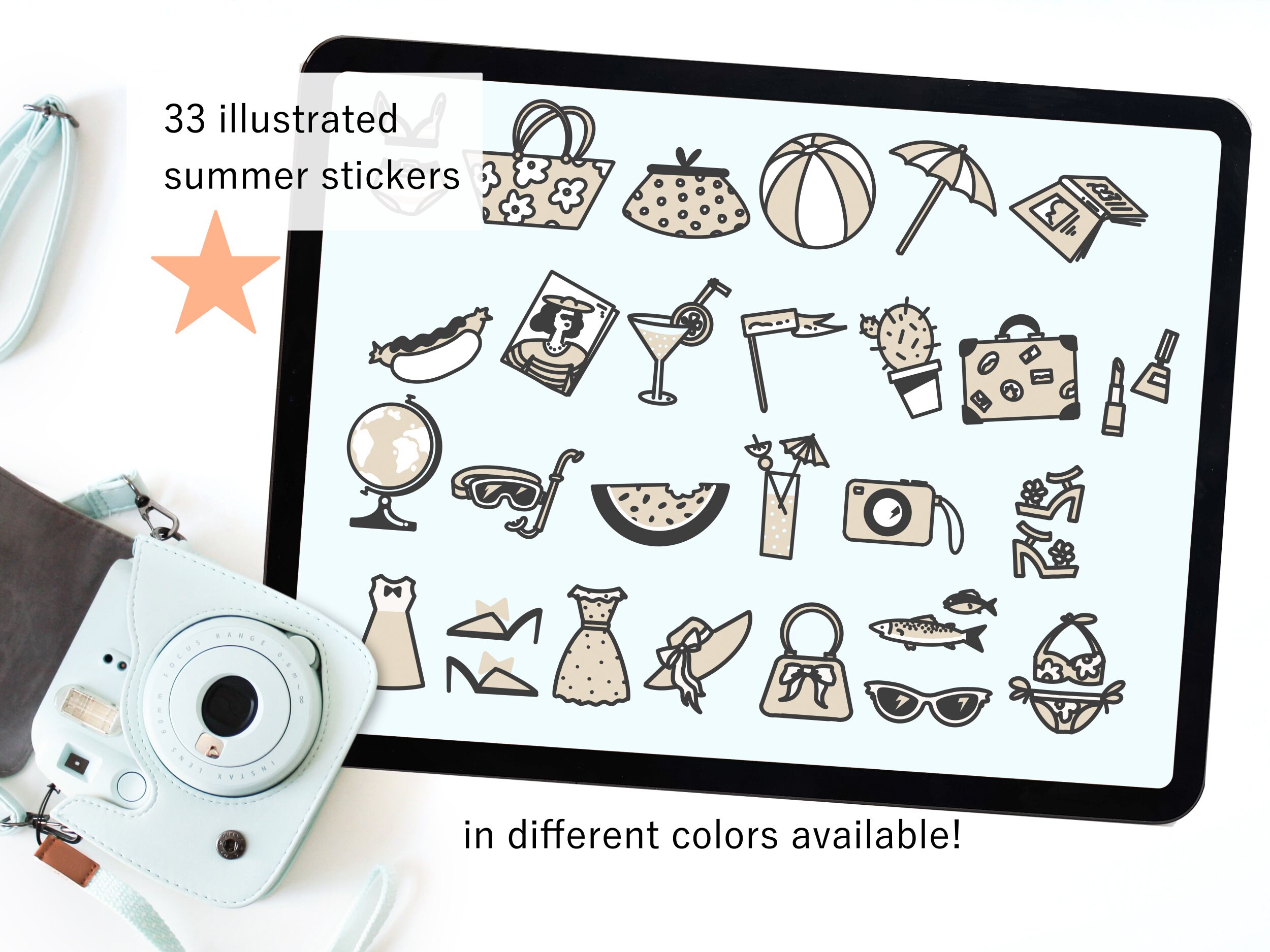 Illustrated Summer Fun Sticker Pack, Digital Vacation Stickers for ...