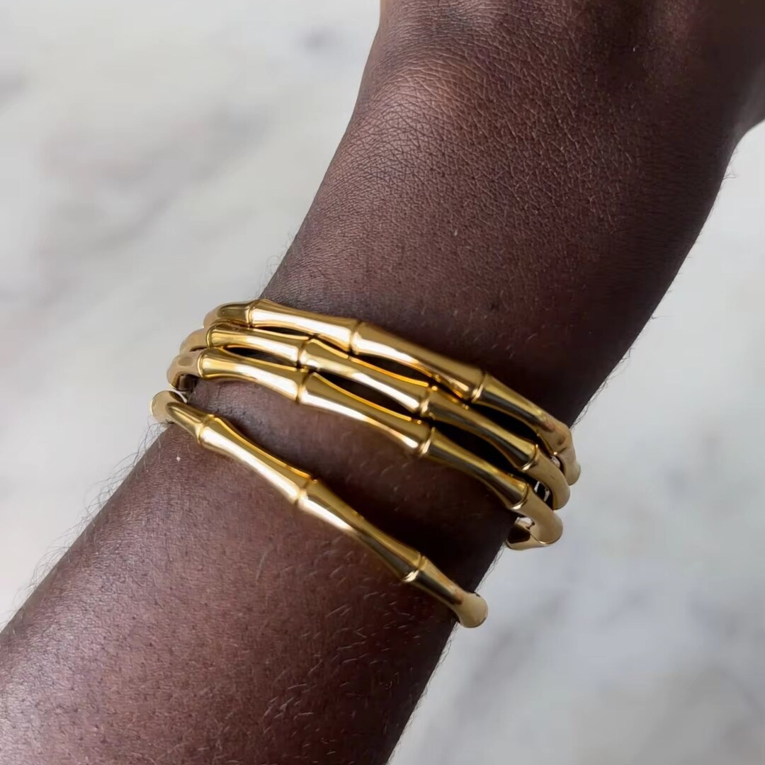 Bamboo Bliss Cuff Bracelet 18K Gold Plated Stainless Steel Bamboo Shape ...