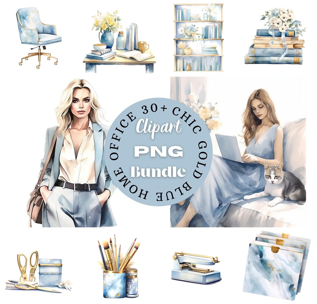 Watercolor Clip Art Bundle, Stunning Pastel Gold Blue Office Clip Art ...
