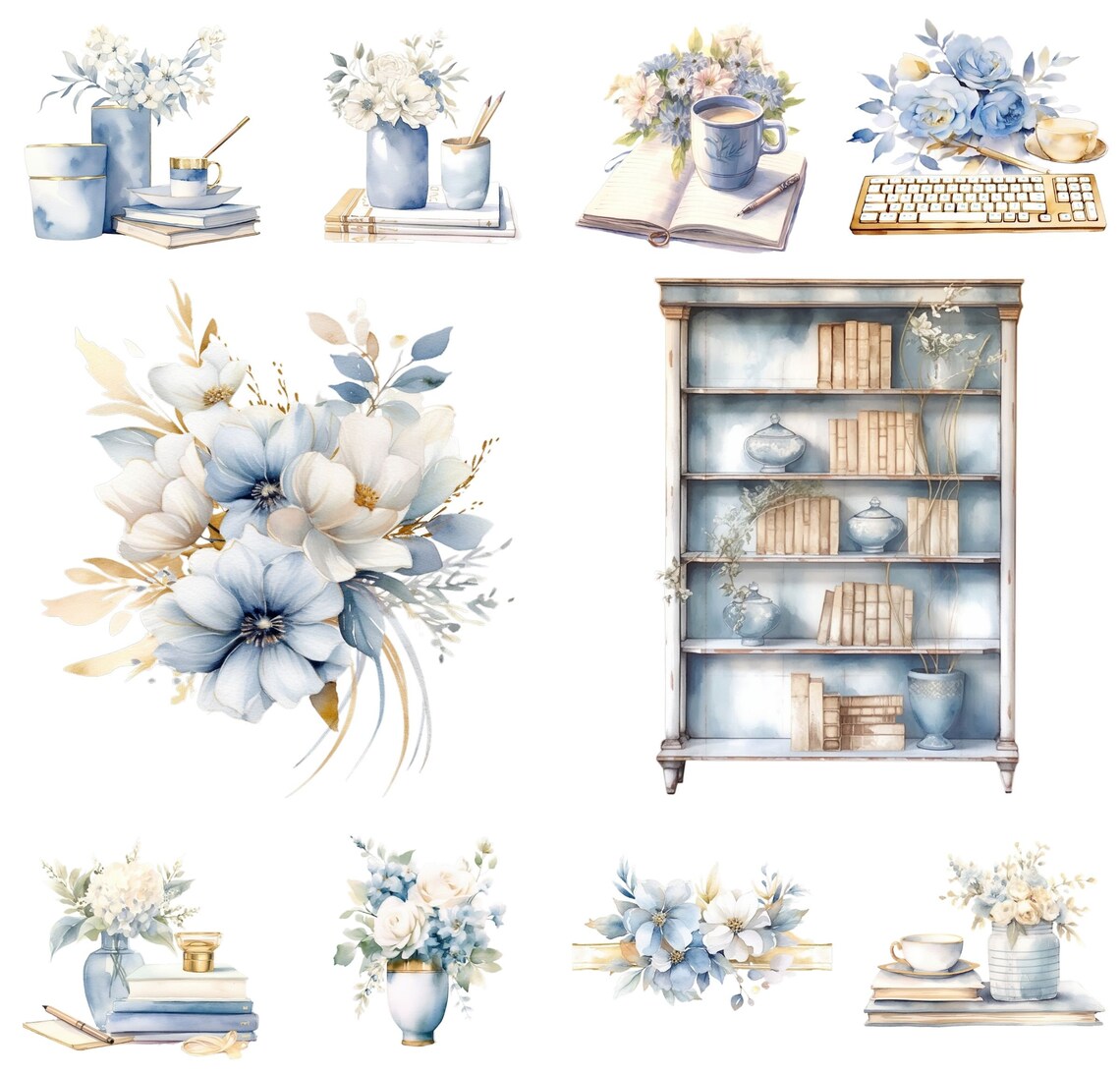 Watercolor Clip Art Bundle, Stunning Pastel Gold Blue Office Clip Art ...