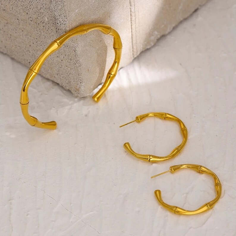 Bamboo Bliss Cuff Bracelet 18K Gold Plated Stainless Steel Bamboo Shape ...