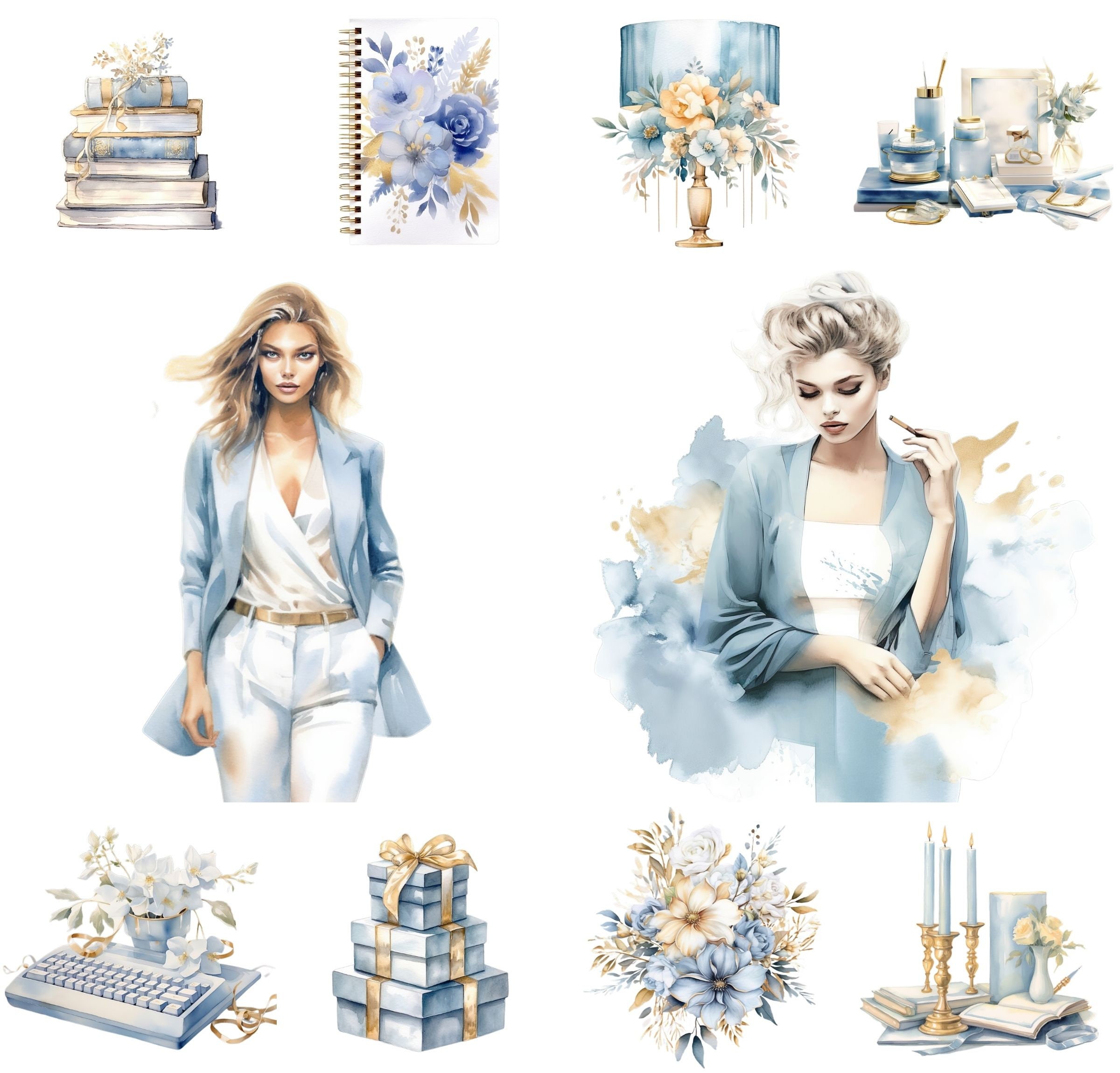 Watercolor Clip Art Bundle, Stunning Pastel Gold Blue Office Clip Art ...