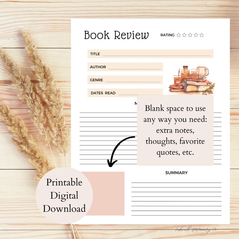 Book Review Template, PRINTABLE Book Journal Insert, Instant Download ...