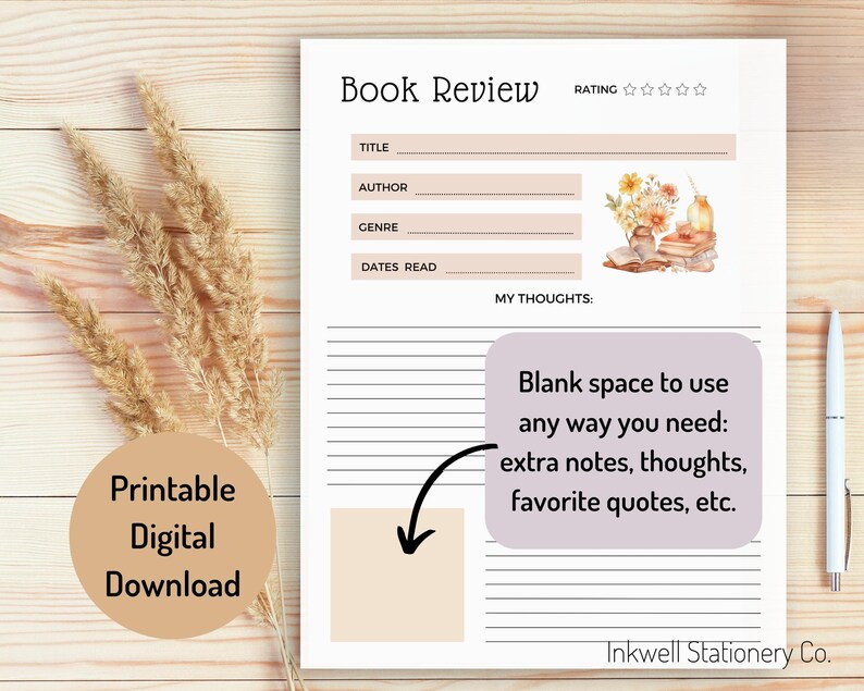 Book Review Template PRINTABLE Book Journal Insert Reading - Etsy