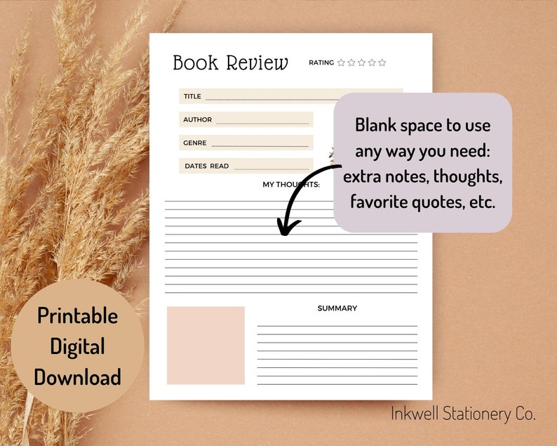 Book Review Template, PRINTABLE Book Journal Insert, Reading Printable ...