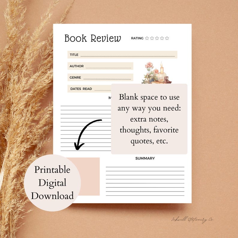 Book Review Template, PRINTABLE Book Journal Insert, Reading Printable ...