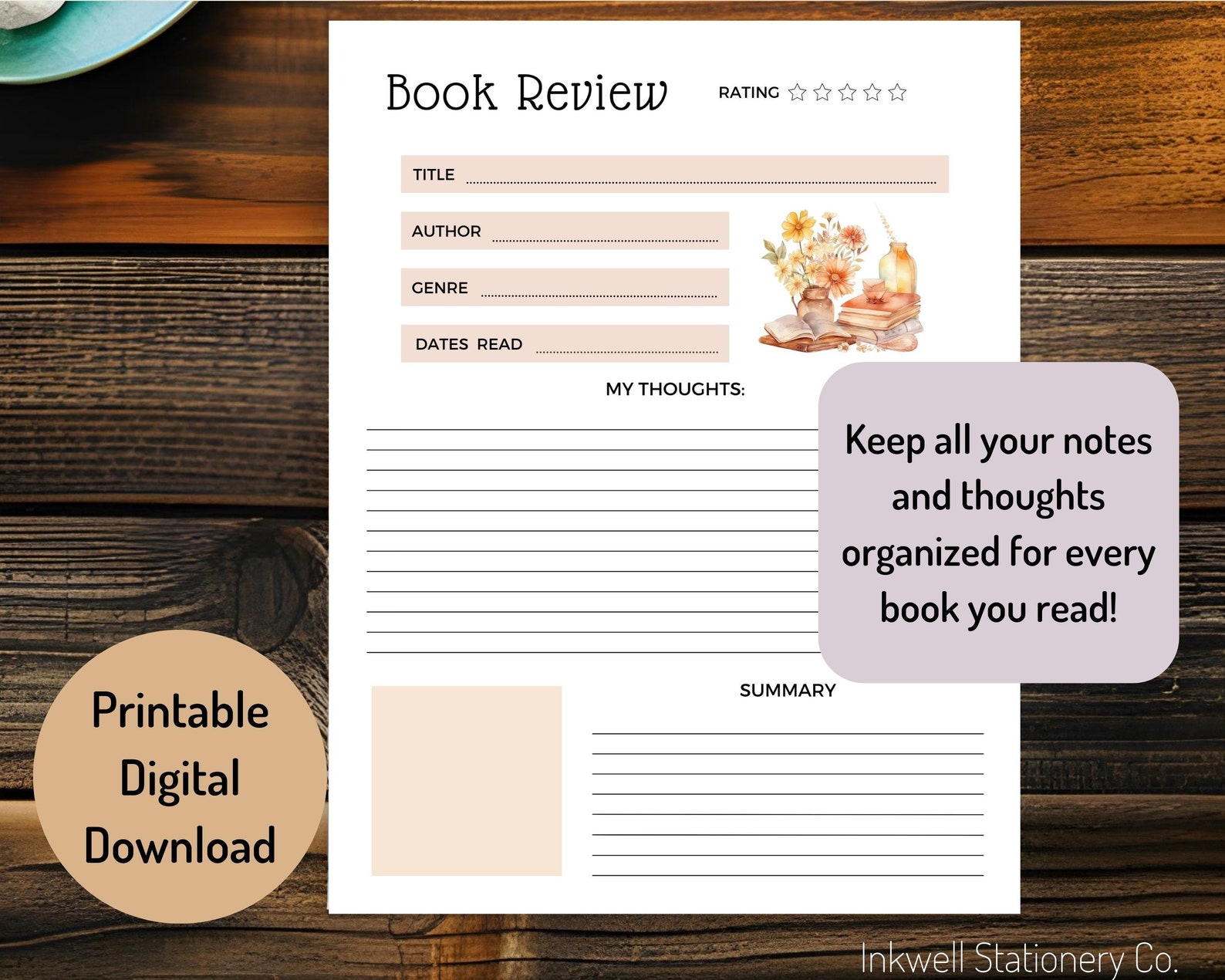 Book Review Template, PRINTABLE Book Journal Insert, Reading Printable ...