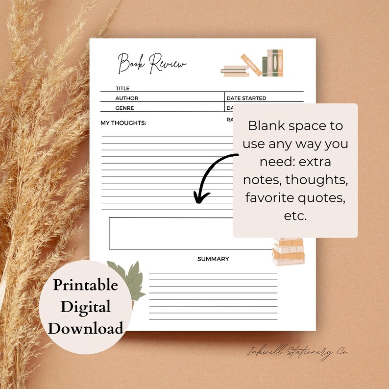 Book Review Template, PRINTABLE Book Journal Insert, Cozy Reading ...