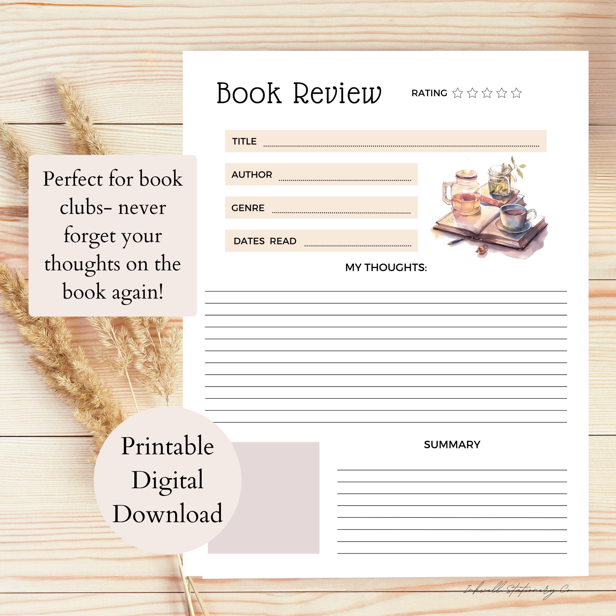 Book Review Template PRINTABLE, Book Journal Insert, Reading Planner ...