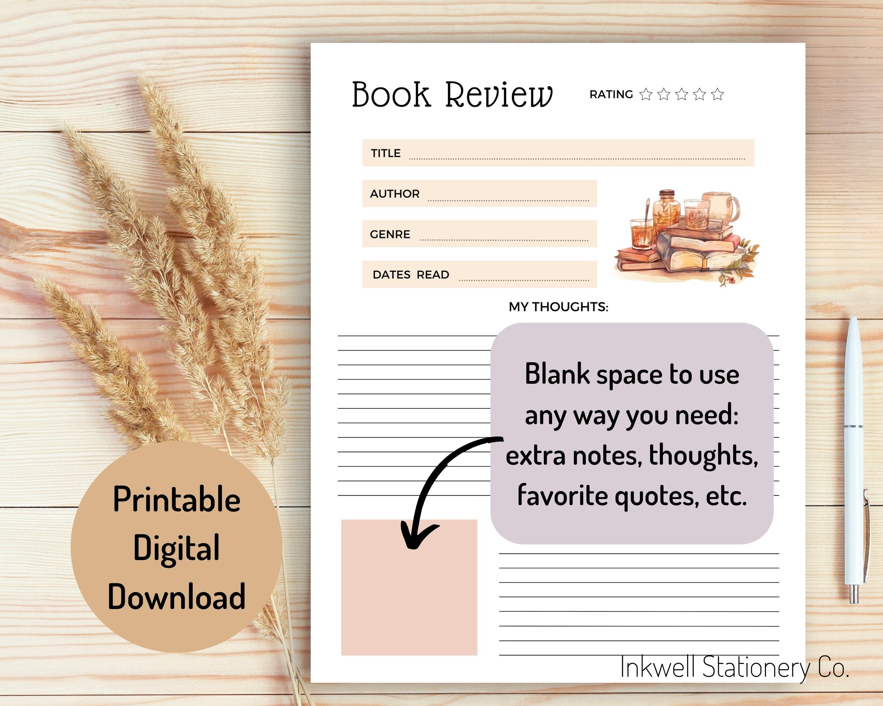 Book Review Template, PRINTABLE Book Journal Insert, Instant Download ...