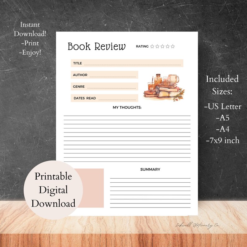 Book Review Template, PRINTABLE Book Journal Insert, Instant Download ...