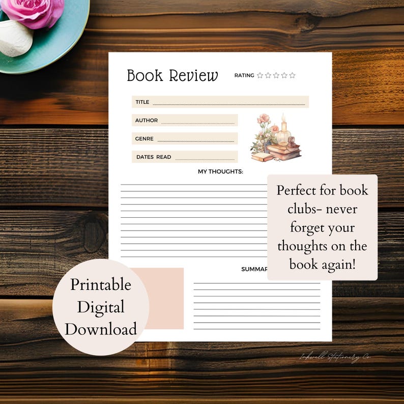 Book Review Template, PRINTABLE Book Journal Insert, Reading Printable ...