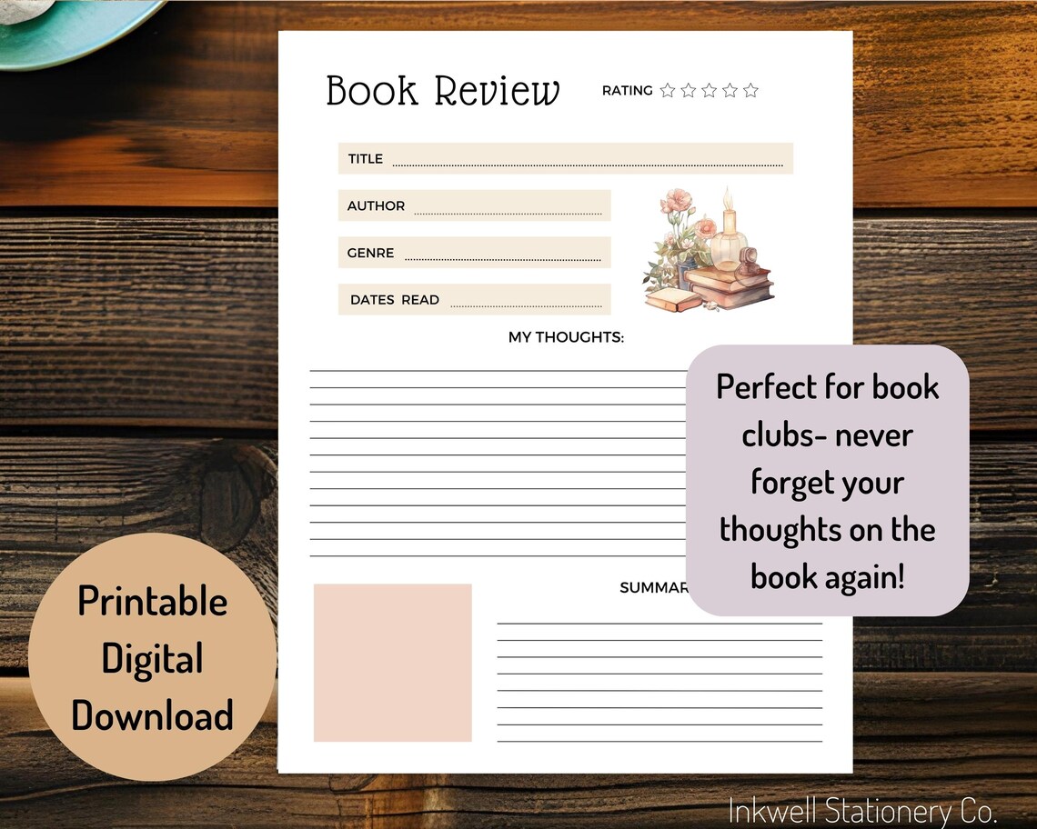 Book Review Template, PRINTABLE Book Journal Insert, Reading Printable ...