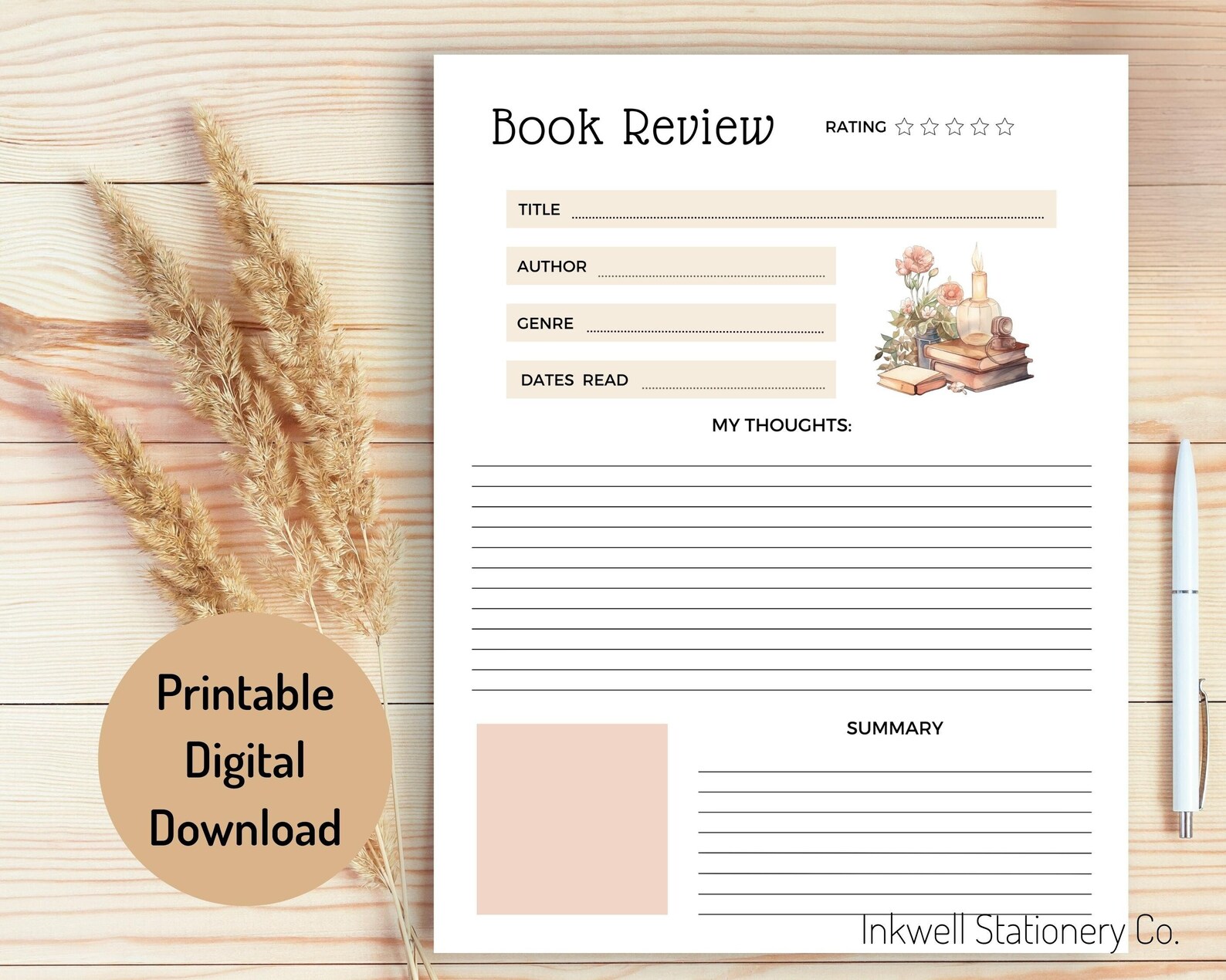 Book Review Template, PRINTABLE Book Journal Insert, Reading Printable ...