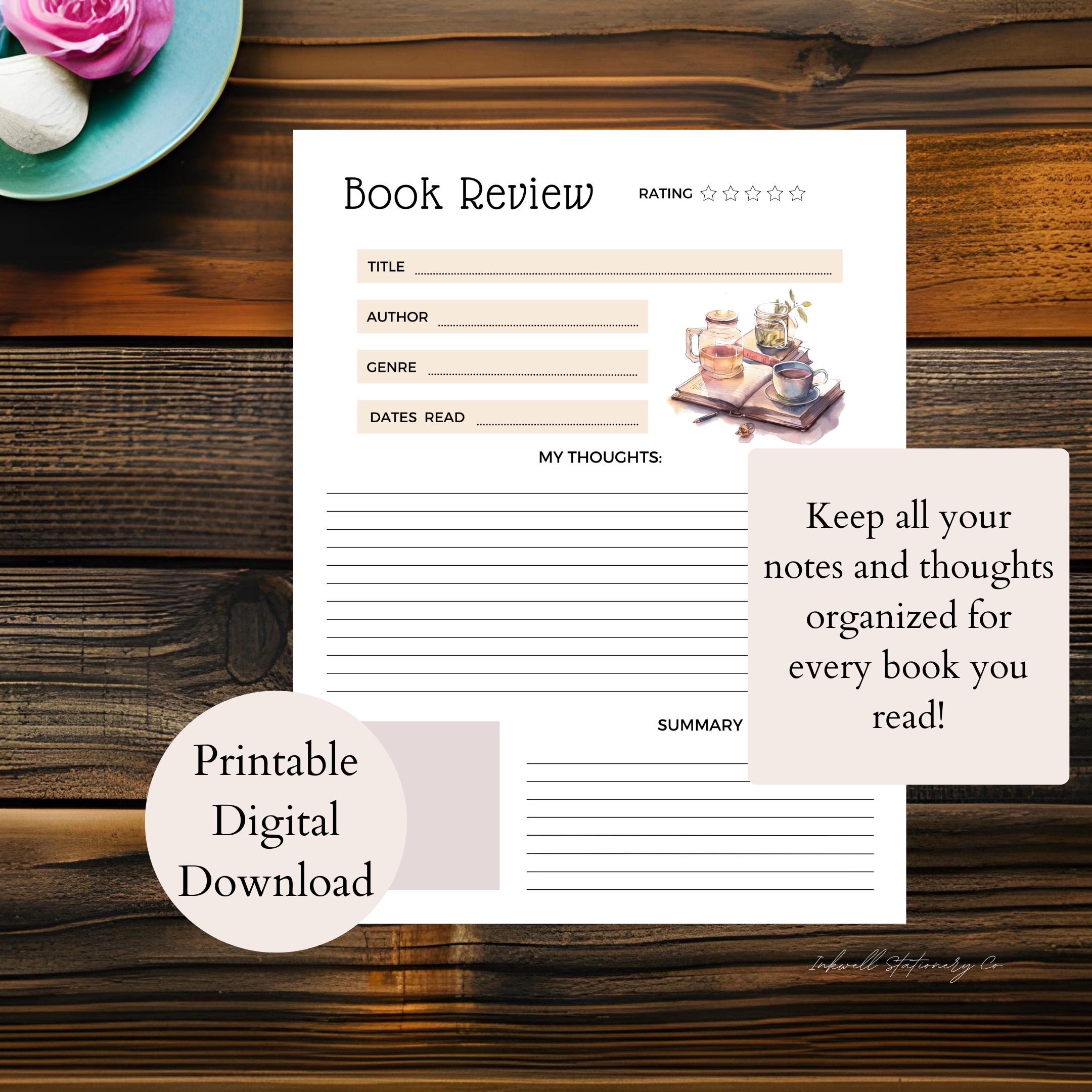 Book Review Template PRINTABLE, Book Journal Insert, Reading Planner ...