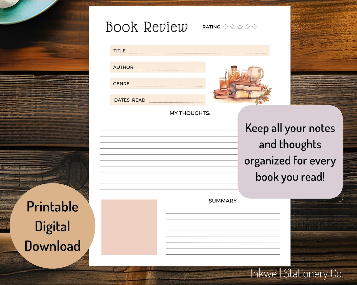 Book Review Template, PRINTABLE Book Journal Insert, Instant Download ...