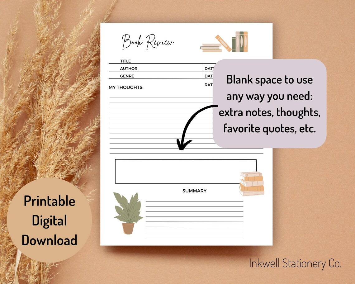 Book Review Template, PRINTABLE Book Journal Insert, Cozy Reading ...