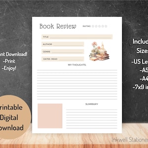 Book Review Template, PRINTABLE Book Journal Insert, Reading Printable ...