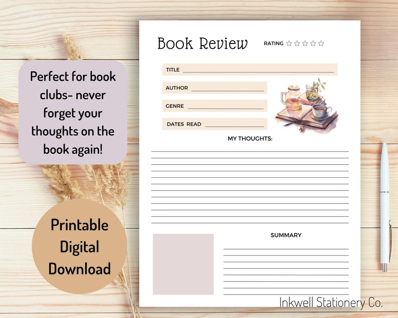 Book Review Template PRINTABLE, Book Journal Insert, Reading Planner ...
