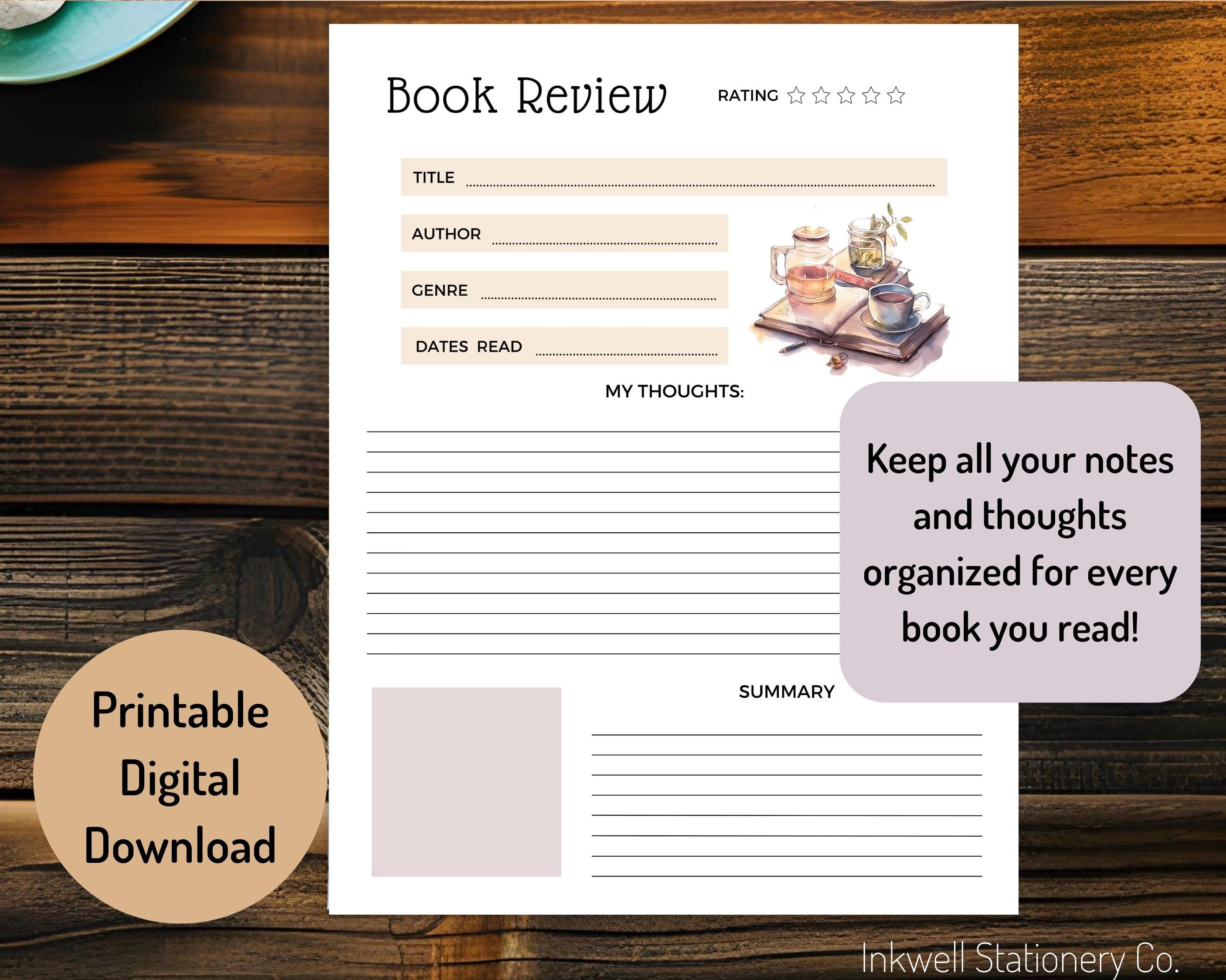Book Review Template PRINTABLE, Book Journal Insert, Reading Planner ...
