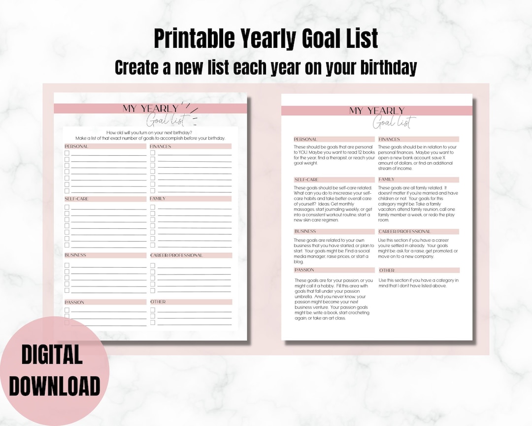 Yearly Goal Tracker List, Track Your Goals Yearly, Goal List for the ...