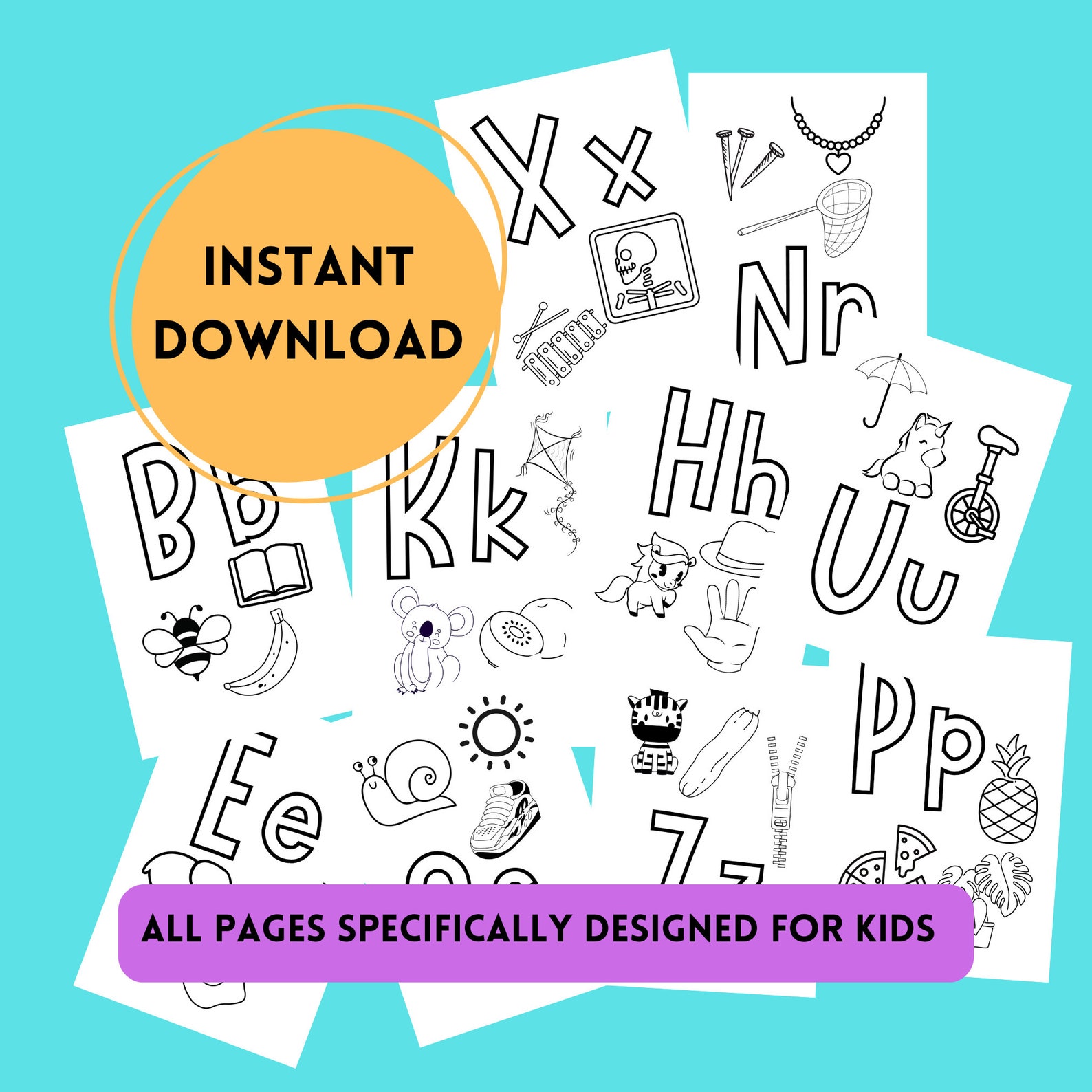 Kids Colouring Pages Alphabet 26 PACK Digital Download Printable Pages ...