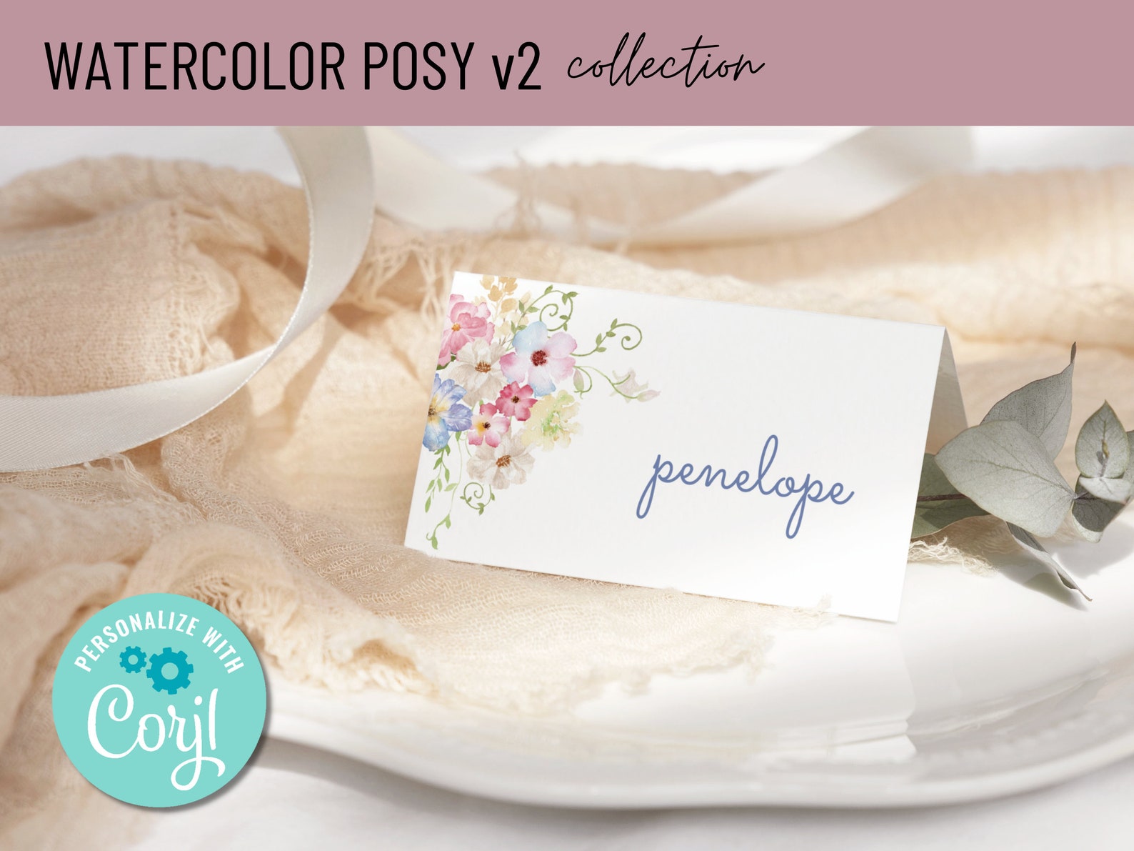 Printable Floral Place Card, Name Card or Buffet Card | Watercolor Posy ...