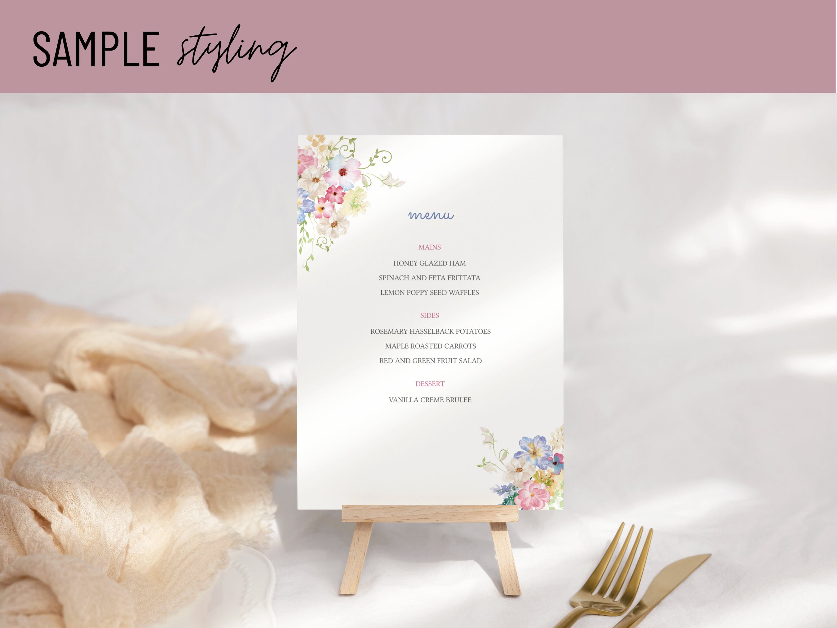 Printable Event Menu Card Watercolor Posy V2 Collection Floral Motif ...