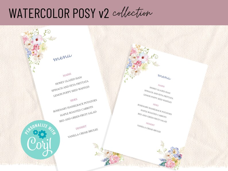 Printable Event Menu Card Watercolor Posy V2 Collection - Etsy