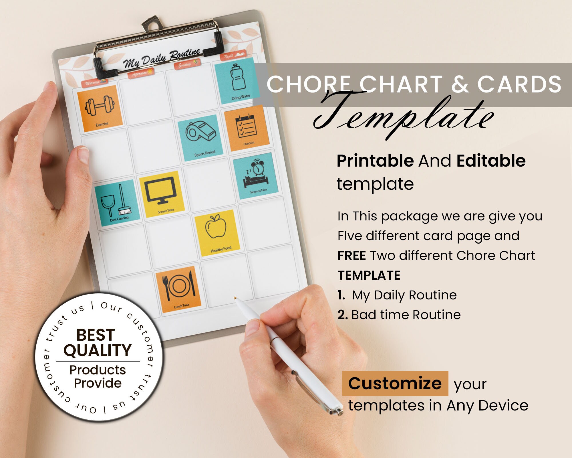 Editable Chore Chart & Cards for Kids Includes 2 Chore Charts 60 Cards ...
