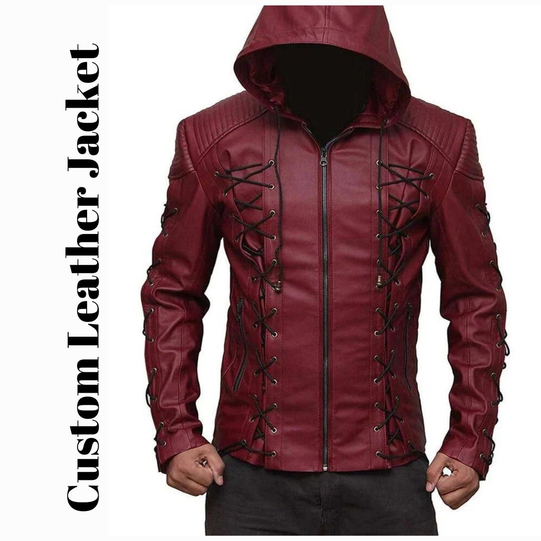 Red Hood Leather Jacket, Green Arrow Jacket, Red Leather Jacket, Men's ...