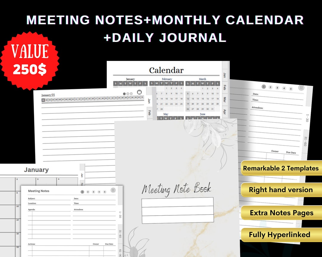 Remarkable 2 Templates Meeting Notebook Monthly Calendar Daily Journal ...
